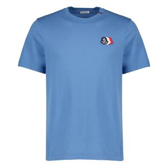 Moncler Besticktes T-Shirt aus Baumwolle mit Trikolore-Logo - - Tops - Herren - Blau - L