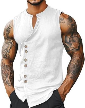 Generic DENGJIAMY D&eacute;bardeur en lin pour homme - T-shirt d&eacute;t&eacute; tendance - V&ecirc;tements de plage d&eacute;contract&eacute;s - Chemise de vacances pour homme - Boutons lat&eacute;raux - 