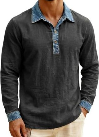 Generic Polo patchwork &agrave; manches longues Henley pour homme - Col en jean - Manches longues - Col boutonn&eacute; - Solide - Ample - Patchwork - Chemises d&eacute;contract&eacute;e