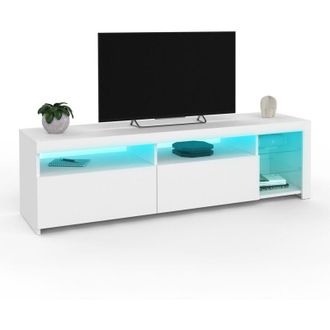 IDMarket TV-M&ouml;bel 140 cm SOLVEIG Schr&auml;nke und Regale aus Glas mit LED wei&szlig; lackiert