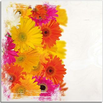 Wallario Wandbild aus Holz Bunte Gerberas - Pinke, gelbe, rote und weiße Blüten - 40 x 40 cm in Premium-Qualität: Brillante Farben