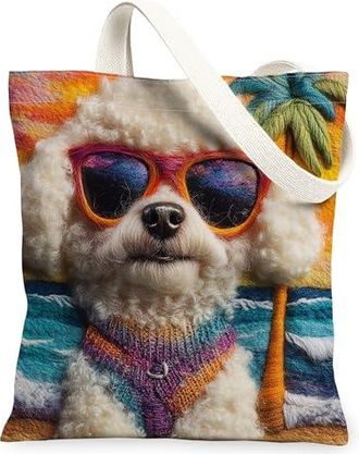 Generic Sac fourre-tout d&eacute;t&eacute; en toile pour faire du shopping, 33 x 38,1 cm, sac fourre-tout r&eacute;utilisable &agrave; motif imprim&eacute; de chiot c&ocirc;tier pour femme, peinture 