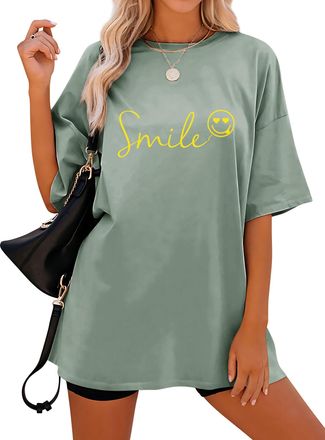 Dresswel Tshirt Damen Oversize Smile T-Shirt Kurzarm Rundhals Oversized Tshirts Lose Sommer Tops Lang Oberteile Bluse f&uuml;r Frauen Teenager M&auml;dchen