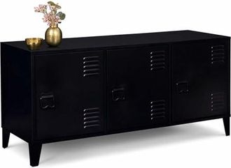 IDMarket Buffet Bas 113 cm Ester 3 Portes m&eacute;tal Noir Design Industriel