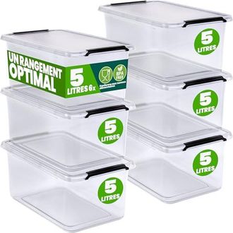 Deuba 6x Bo&icirc;te de rangement 5L en plastique transparent empilable sans BPA gain de place caisse de rangement organiseur