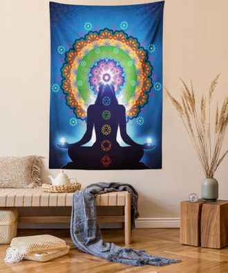 Abakuhaus Chakra Wandteppich und Tagesdecke, Mandala Chakra Yoga aus Weiches Mikrofaser Stoff Waschbar ohne Verblassen Digitaldruck, 140 x 230 cm,Dunkelblau Grü