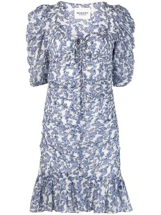 Isabel Marant Gerafftes Minikleid mit Blumen-Print - Blau