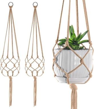 Generic Lot de 2 grands cintres en macram&eacute; pour d&eacute;coration int&eacute;rieure et ext&eacute;rieure - Corde pour suspendre des pots de fleurs - 104 cm (marron)