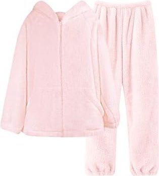 Power Flower Ensemble Pyjama en Polaire Douillette pour Femme - Ensemble Lounge 2 pièces Ample en Peluche avec Veste zippée, vêtement de Nuit dHiver Confortable (L
