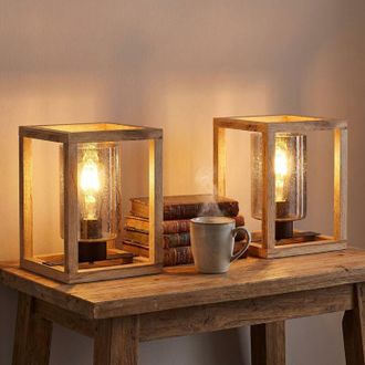 Globo Lighting Lampe de table en verre fum&eacute; Lampe de table noire Lampe dappoint en bois naturel, optique &agrave; bulles, douille E27, LxlxH 17x17x22 cm, lot de 2