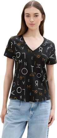 Tom Tailor Damen Basic T-Shirt mit V-Ausschnitt,30891 - Black Letter Print, XS