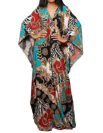 Bsubseach Plus Size Caftan Kleider f&uuml;r Damen Strandkleid Fledermaus &Auml;rmel Sommer Maxi Kaftan Kleid Blau Rote Kette Print