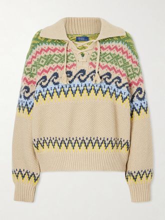 Polo Ralph Lauren Pull Fa&ccedil;on Polo En Coton M&eacute;lang&eacute; &Agrave; Mailles Jacquard - Neutres