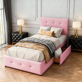 Generic Platzsparendes Polsterbett 90x200 cm - Vielseitig & Praktisch | Mit 2 Schubladen, Rückenlehne & Lattenrost | Beiger Samtstoff für Kinderzimmer & Gäste