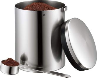 WMF Kult Tee- Kaffeedose Edelstahl für 500g, Edelstahldose mit Maßlöffel, Kaffeebohnen Behälter, Cromargan Edelstahl mattiert, für Kaffeepulver und Kaffee