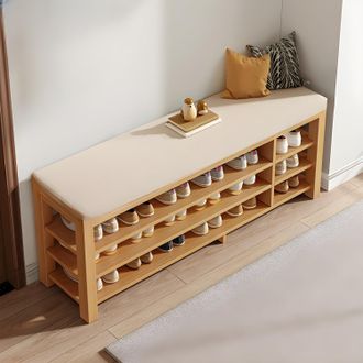 Generic Moderne 24-Zoll-Eingangsbank Mit 2-stufiger Schuhablage - Bank Aus Walnussholz Und PU-Leder(Wood/Beige,23.5 L x 12 W x 21 H)