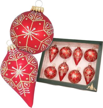 Krebs Glas Lauscha Weihnachtsdekoration/Christbaumschmuck aus Glas - 8 Christbaumanh&auml;nger - Motiv: Rot mit Schneeflocke - Gr&ouml;&szlig;e: ca. 7-10 cm