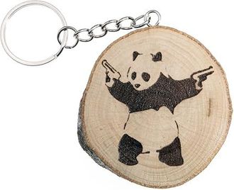 Generico Porte-cl&eacute;s en bois naturel Banksy Panda avec pistolets, ours arm&eacute;, Bois de h&ecirc;tre, Taille Unique
