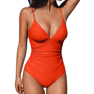 Generic Damen Badeanzug Triangel V Ausschnitt Streifen Bauchweg Raffungen Einteilige Bademode Swimsuit