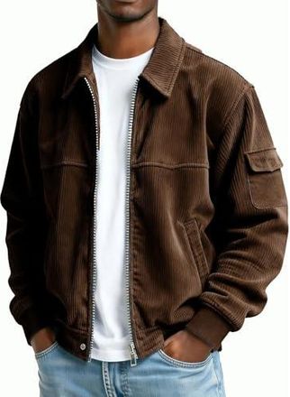 Generic Chemise d&eacute;contract&eacute;e en velours c&ocirc;tel&eacute; pour homme avec fermeture &eacute;clair et manches longues, veste vintage avec poches, veste en velours c&ocirc;tel&eacute; pour ho