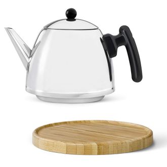 Bredemeijer Teekanne Set 1.2 Liter - Edelstahl doppelwandig silber gl&auml;nzend - Kleiner klassischer Teebereiter ohne Filter - inkl. Holz-Untersetzer braun