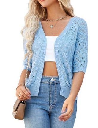 Grace Karin Cardigan Vintage &agrave; Manches Courtes pour Femmes Cardigan Creux CL2656 Bleu Ciel S
