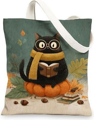 Generic Sac fourre-tout en toile motif chat mignon, adorable sac à provisions réutilisable, style vintage fantaisie, léger et lavable, noir, 13x15 Inch