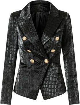 Generic Blazer en similicuir à double boutonnage pour femme Motif crocodile, Noir, S