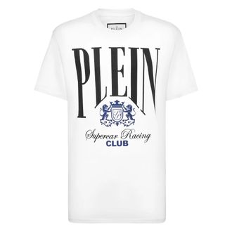 Philipp Plein Homme, Tops, Blanc, Taille: 2XL Jersey T-shirt Col Rond SS Cars Racing