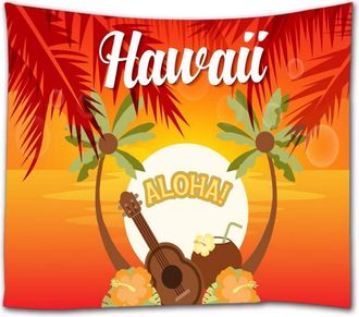 A.Monamour Wandteppiche Aloha Hawaii Sommer Palme Tropisch Strand Sonnenuntergang Silhouette Natur Landschaft Textil Stoff Wandbehang Tapisserie Vorhänge Tischde