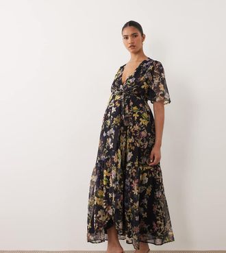 Hope & Ivy Maternity Robe longue cache-coeur &agrave; fleurs et manches &eacute;vas&eacute;es - Bleu marine