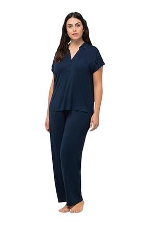 Ulla Popken Femme Grandes Tailles Pyjama Oversize Deux pi&egrave;ces, Pantalon + T-Shirt col Chemise et Manches Courtes Bleu Nuit 58+ 827072139-58+