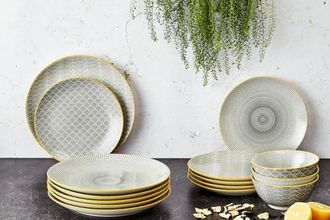 Bj&ouml;rn Borg Geschirrset Essentials Pattern Eclipse SR-LEE26 BJORN, Porzellan, Anthrazitgrau, 18-teilig, 6 Teller 26cm, 6 Teller 21cm, 6 Sch&uuml;sseln 15cm, Sp&uuml;lmaschi