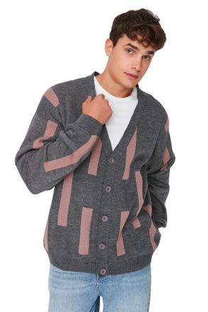 Trendyol Trendyol Herren Gemusterte Strickjacke mit V-Ausschnitt Pullover, grau, Medium