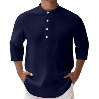Generic Sweat &agrave; capuche pour homme - Chemise de plage blanche en lin - T-shirt &agrave; manches longues en lin - Chemises de plage blanches &agrave; manches courtes - T-shi