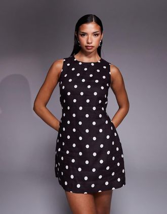 Forever New Robe &agrave; pois courte et droite en lin avec liens nou&eacute;s &agrave; la taille - Marron-Brown