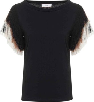 Akep Femme, Tops, Noir, Taille: 42 FR T-shirt &agrave; Manches &agrave; Franges