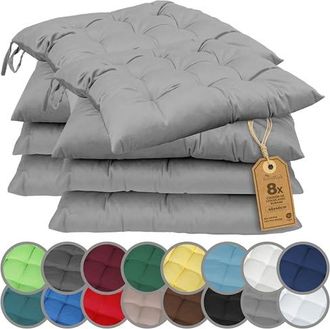 NatureMark Lot de 8 Galettes de Chaises avec Rubans 40x40 cm - Coussin de Chaise Épais pour Intérieur & Jardin - Couleur Gris argenté