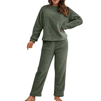 Generic Ensemble de maison pour femme - En polaire - Chaud - Deux pi&egrave;ces - Moelleux - Col rond - Pyjama long avec poche - Pyjama pour femme - V&ecirc;tement de nuit