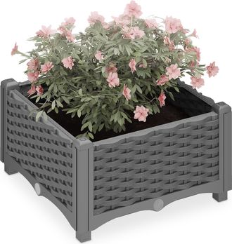 Relaxdays Pflanzkübel, Rattan-Optik, HBT: 23x40x40 cm, Garten, Balkon & Terrasse, Blumenkübel mit Wasserspeicher, grau
