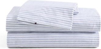 Tommy Hilfiger Bettlaken-Set, Baumwoll-Perkal-Bettwäsche mit passenden Kissenbezügen, frisch und cool, Premium-Qualität für Zuhause (Monogramm gestreift, Blau, Queen