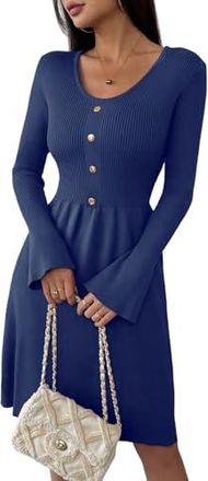 Zeagoo Robe en tricot pour femme, manches longues, robe dautomne, col en V, robe pull &eacute;l&eacute;gante, robe dhiver, robe uni, A ligne, robe midi avec manches &eacute;vas&eacute;e