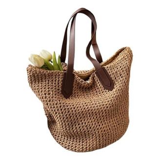 Generic Sac de plage en paille pour femme - Sac &agrave; bandouli&egrave;re en paille tiss&eacute;e - Grand sac fourre-tout d&eacute;contract&eacute; au crochet, marron, 1