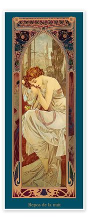 Posterlounge Die Vier Tageszeiten - Nachtruhe (Repos de la nuit), 1899 Poster von Alfons Mucha 40 x 100 cm Wandbilder Wanddeko