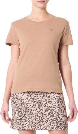 Tommy Hilfiger Damen T-Shirt Kurzarm Slim mit Rundhalsausschnitt, Beige (Safari Canvas), L