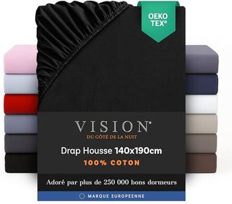 Vision Streetwear Drap Housse - 100% Coton Lit Double (140x190cm) - Noir | Coins &Eacute;lastiqu&eacute;s | Tissage Serr&eacute;: 57 Fils | Convient aux Matelas Jusqu&agrave; 25cm | Confortable | 