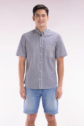 Eden Park Chemise &Agrave; Manches Courtes En Popeline De Coton Ray&eacute;e Bleu Fonc&eacute; Coupe Droite