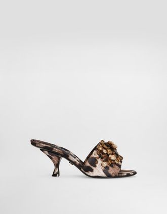 Dolce & Gabbana Leopard-print Satin Mules With Embellishments - Frau Pantoletten Und Mules Animalprint 39