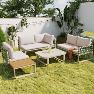 STILVORA Salon de Jardin avec 2 Canap&eacute;s 2 Places, 1 Fauteuil avec Table dAppoint et 1 Table Basse, pour Terrasse, Fer, Cr&egrave;me Abricot