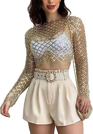 ORANDESIGNE T-Shirt Sexy à Manches Longues en Maille avec Broderie Florale Transparente et col Montant pour Femme B Or M